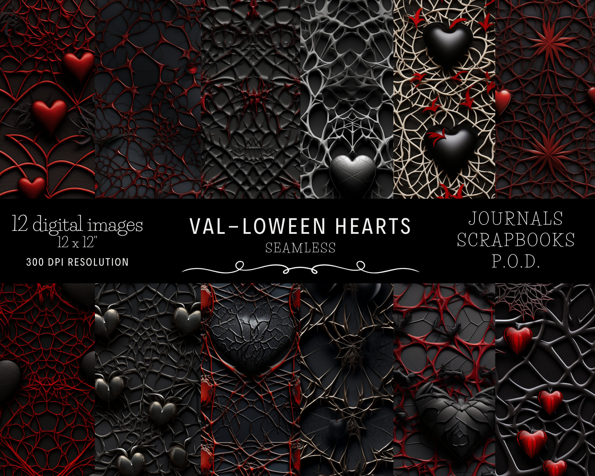 Val-loween Gothic Hearts Digital Paper, Seamless Pattern, Scrapbook ...