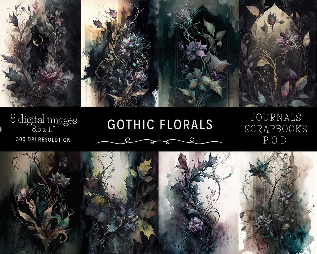 Gothic Floral Digital Paper, Watercolor Scrapbook Papers, Goth Journal ...