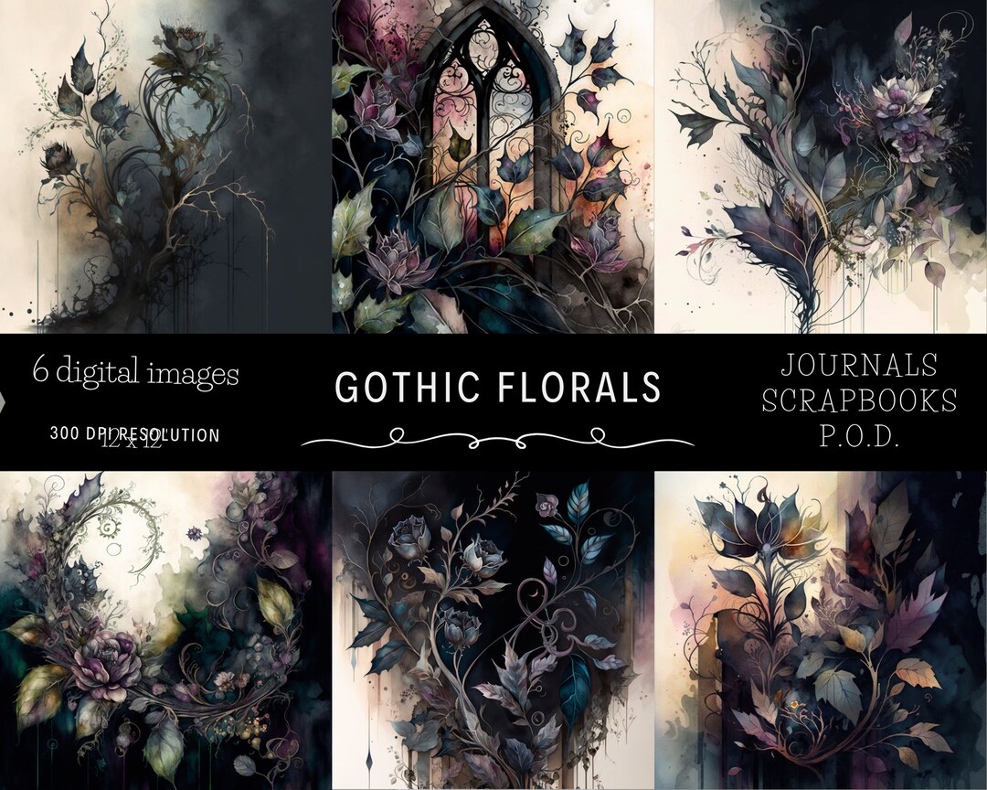 Gothic Floral Digital Paper, Watercolor Scrapbook Papers, Goth Journal ...