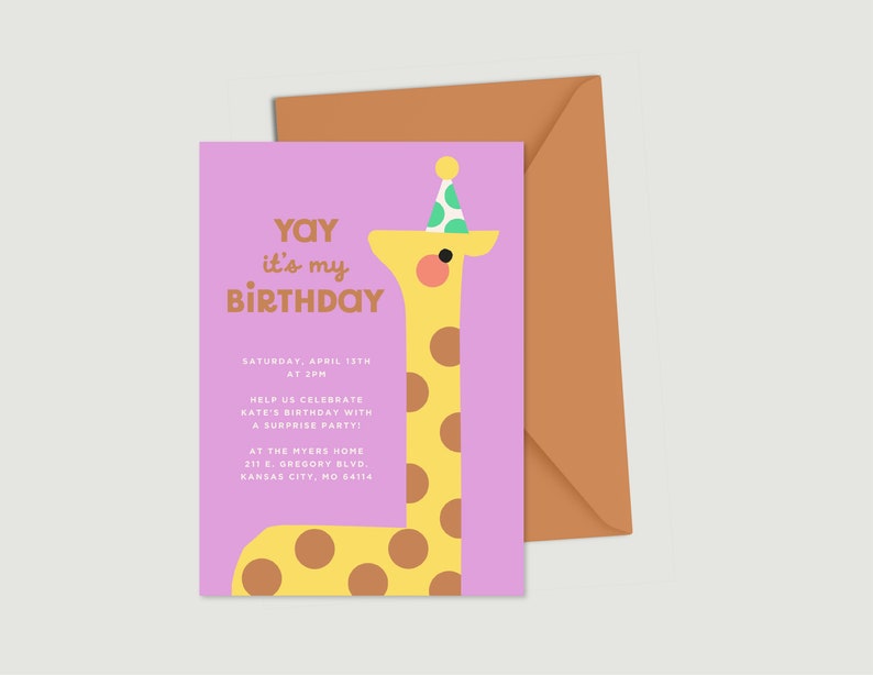 Yay It's My Birthday Giraffe Digital Invite Template - Etsy