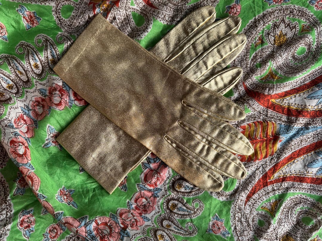 S | 60s Vintage Retro Gold Lamet Elastic Opening Short Evening Gloves ...