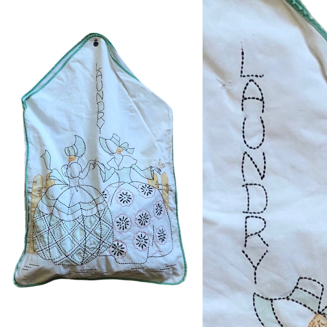 Hand Embroidered Laundry Ditty Bag Bonnet Girls Handmade 1940s Mcm 40s ...