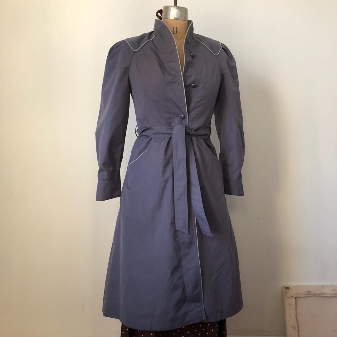 S 80s Vintage Periwinkle Blue Puff Shoulder Sleeve Long Trench Coat ...