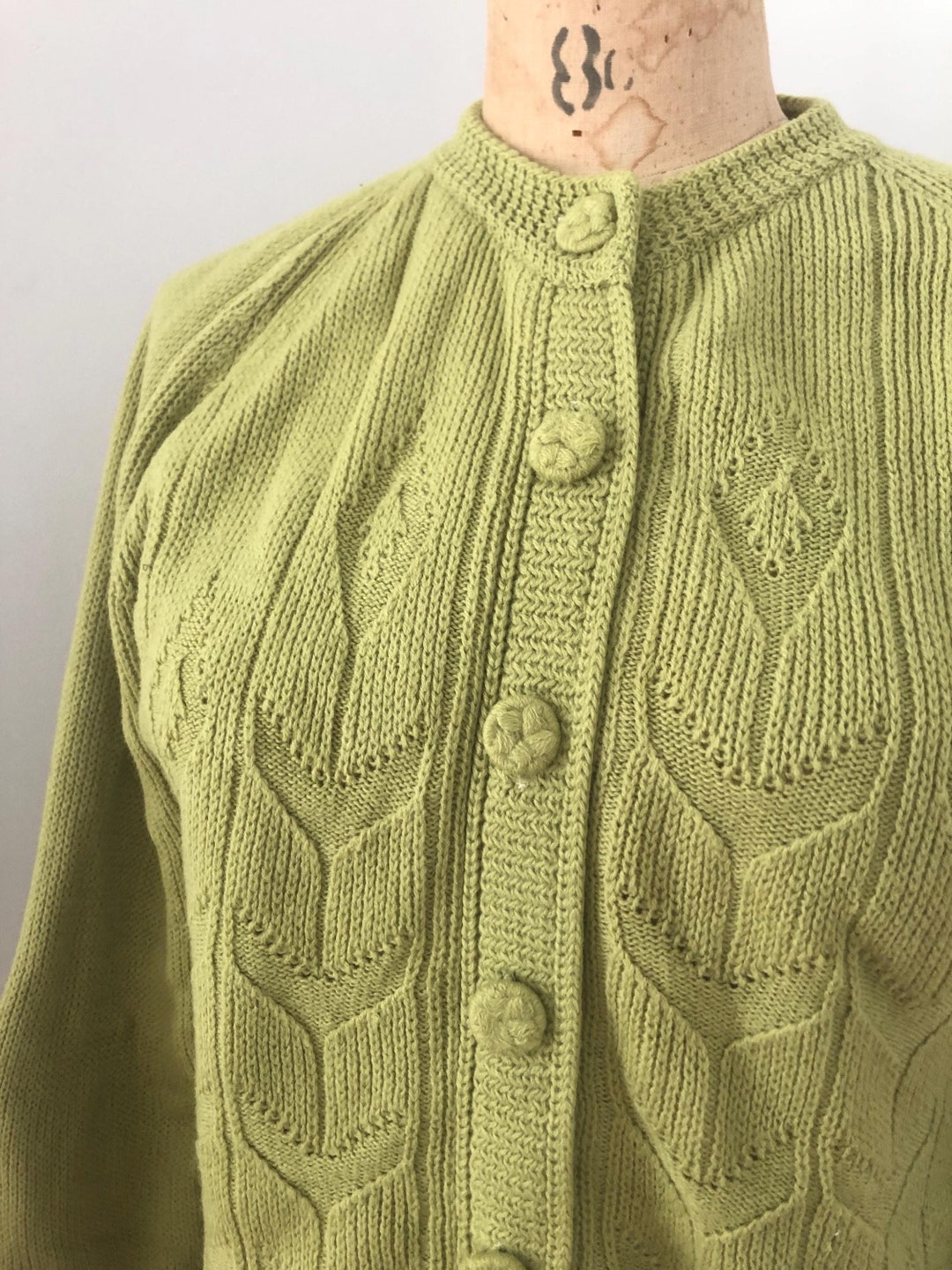 M | 80s Vintage Chartreuse Yellow Green Button up Knit Cardigan Sweater ...