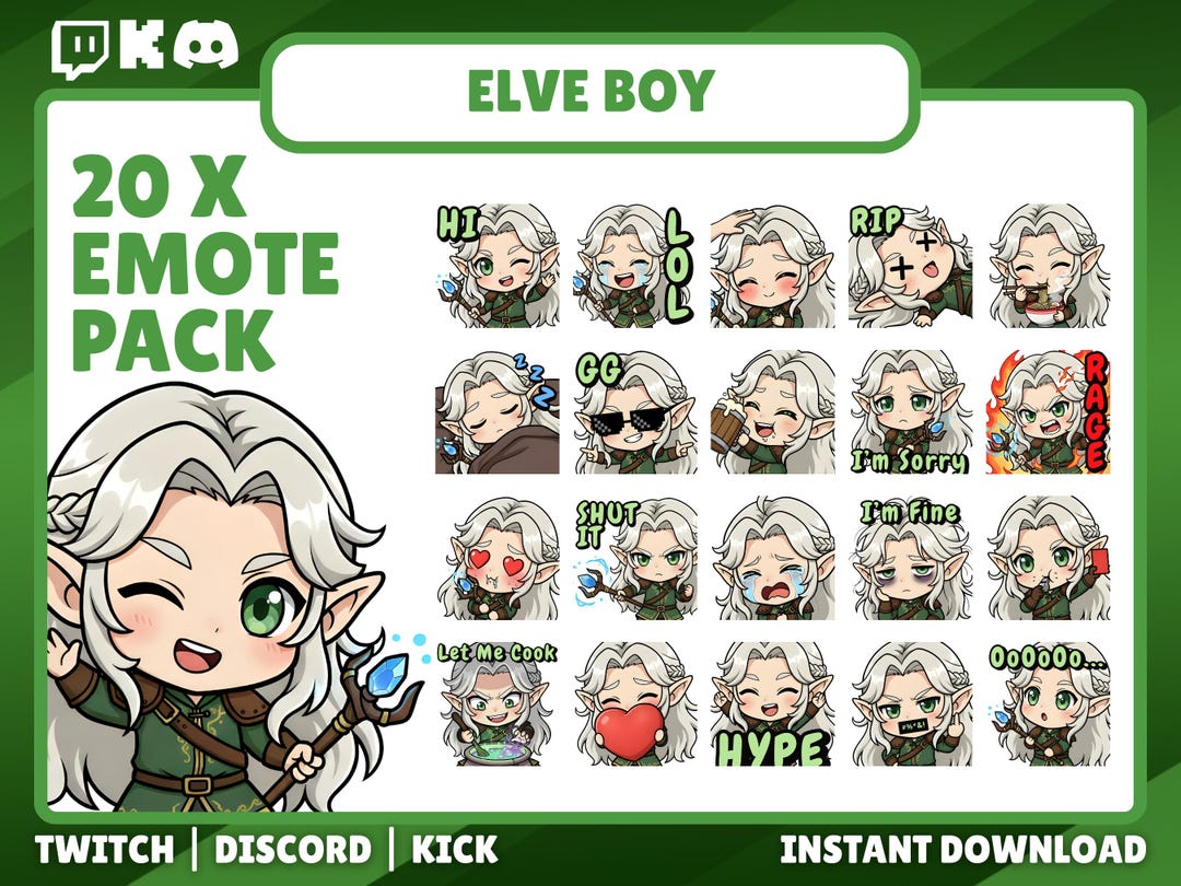 Elve Boy Chibi Emotes | 20 Twitch/discord Emoji Pack (instant Download ...