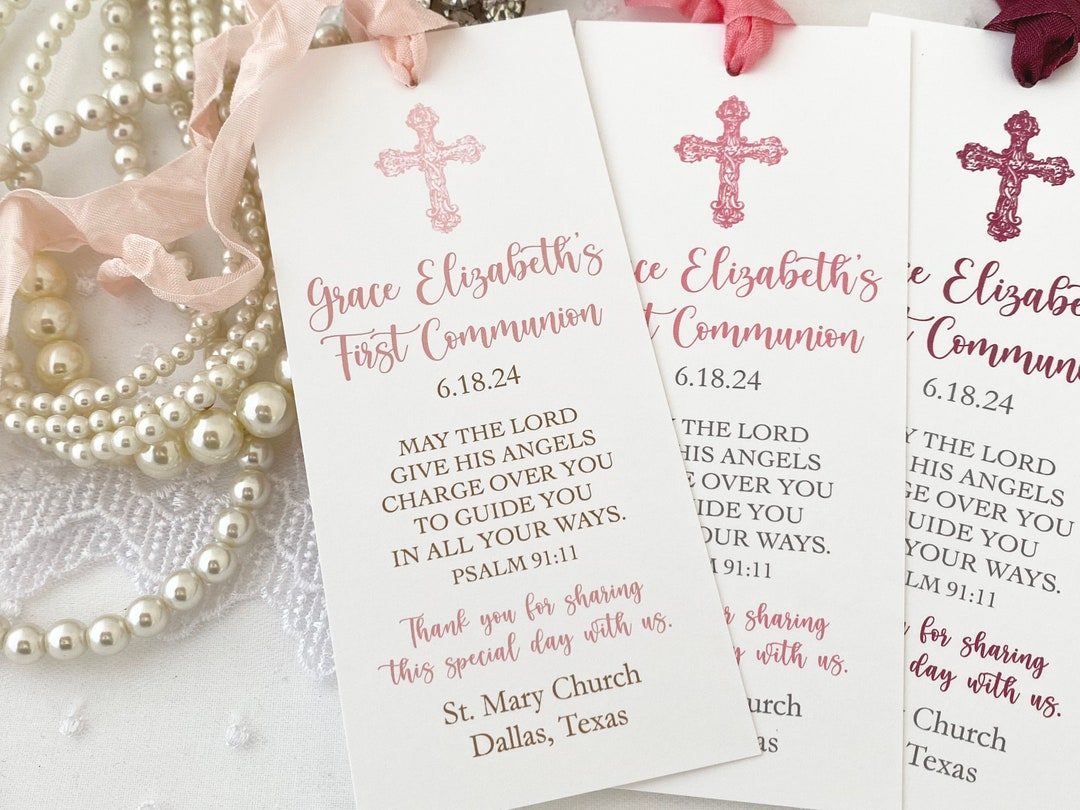 Girl Holy First Communion Bookmarks Favors Pink Cross First - Etsy