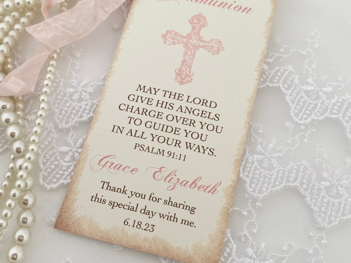 Girl Holy First Communion Bookmarks Favors Pink Cross First - Etsy