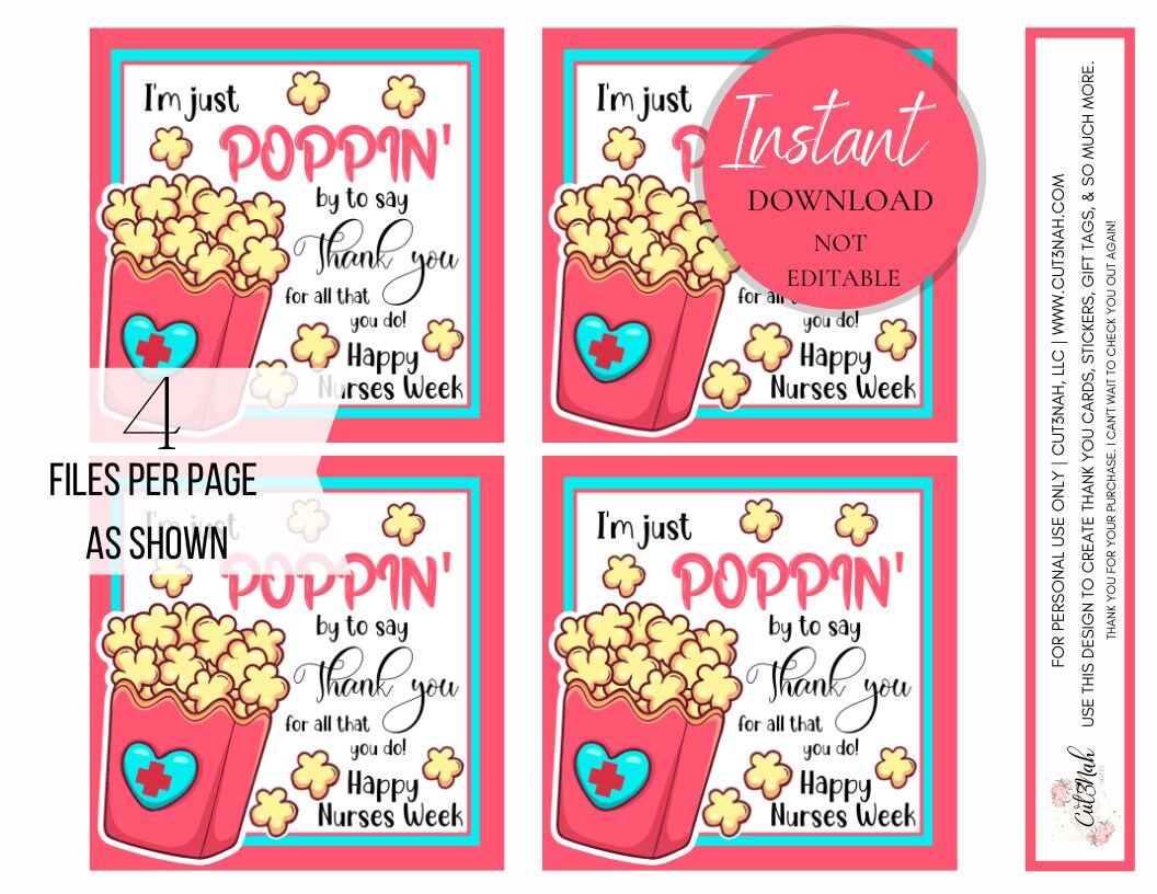 Nurse Appreciation Week Printable Gift Tags | Popcorn Treat Tag | Gift ...