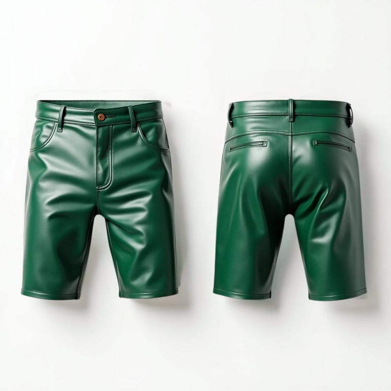 Men's Green Leather Shorts - Tailored Fit - Button Closure - Belt Loops ...