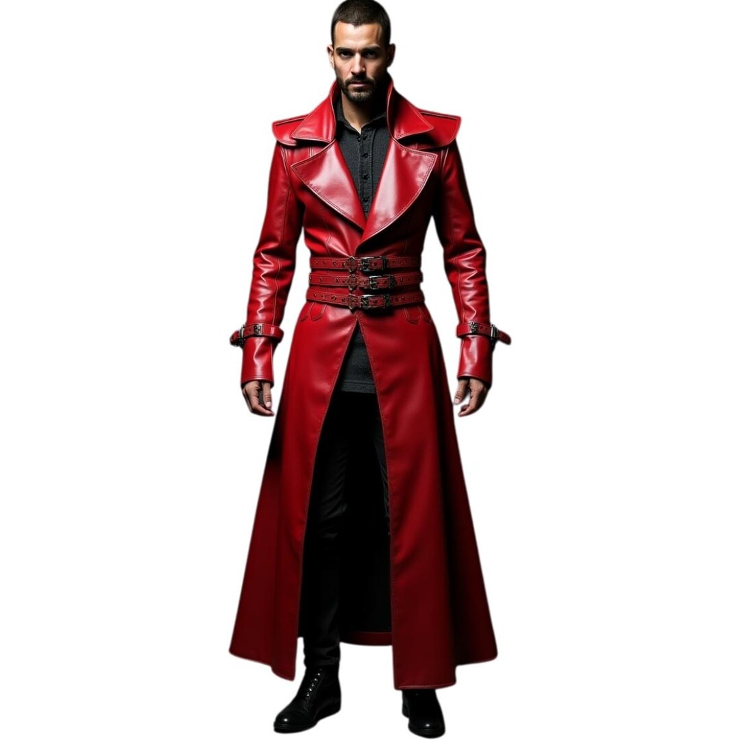 Men's Red Leather Trench Coat: Buckle Straps, Wide Lapels - Etsy