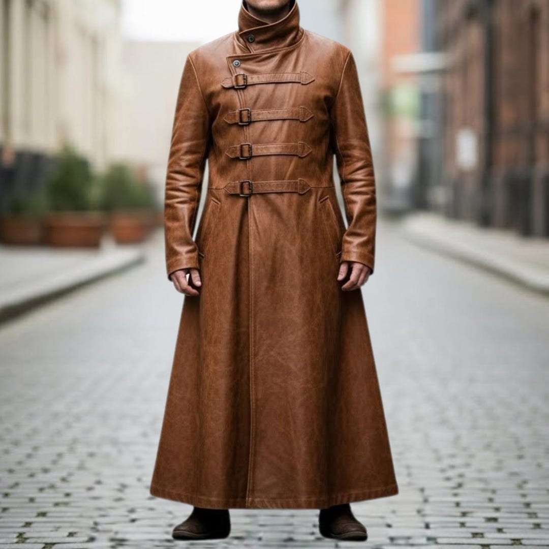 Genuine Leather Trench Coat – Buckle Strap Long Brown Coat for Men, - Etsy
