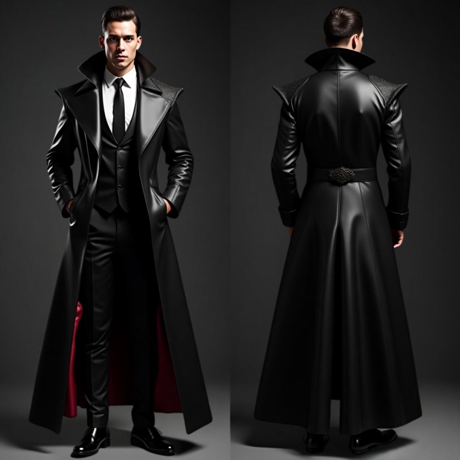 Men's Long Black Leather Coat- Gothic Trench Outfit - Luxury Leather ...