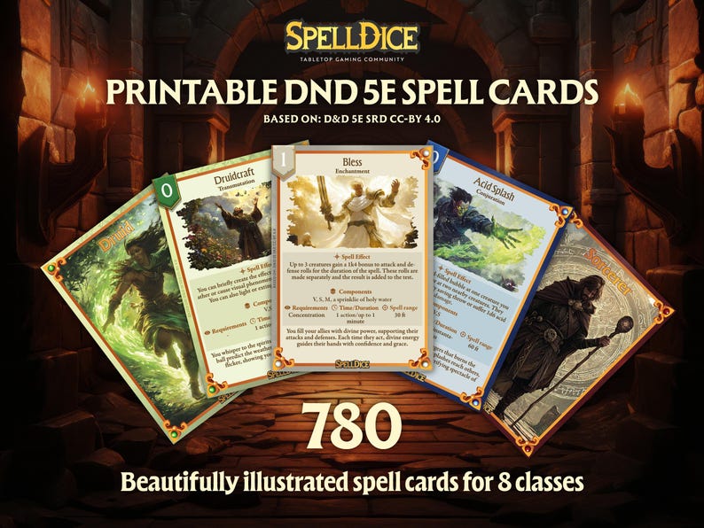 Dnd Printable SPELL CARDS| Uniquely Illustrated Bundle| Dnd SRD 5.1 ...