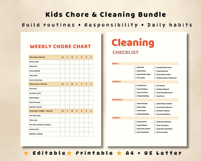 Printable Kids Chore Chart Bundle Editable Weekly Routine Tracker ...