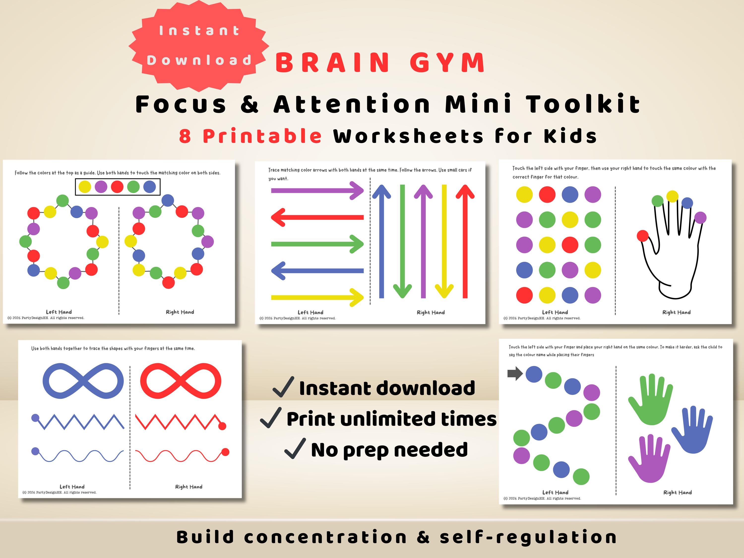 Brain Gym Focus & Attention Worksheets | ADHD Printable Activities - Etsy