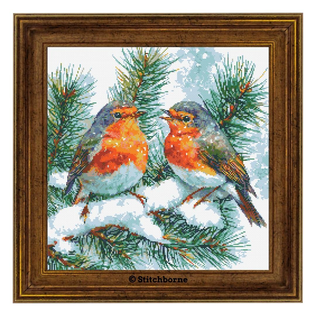 Robins and Pine Tree Cross Stitch Pattern PDF Download Printable Winter ...