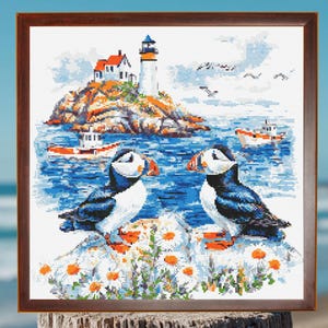 Two Puffins on a Seacoast Cross Stitch Pattern PDF Download Printable ...