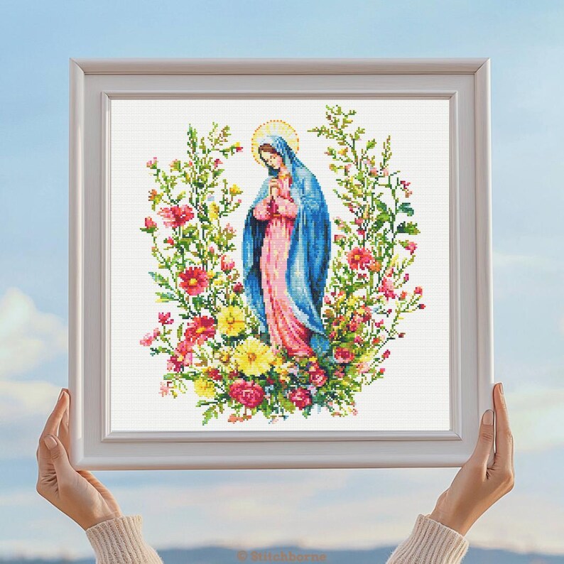Virgin Mary and Wildflowers Cross Stitch Pattern PDF Download Printable ...