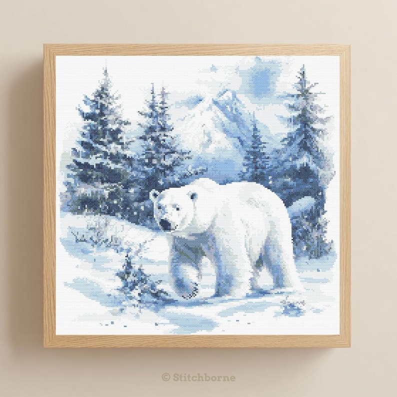 Polar Bear in Winter Cross Stitch Pattern, Winter Embroidery, Snowy ...