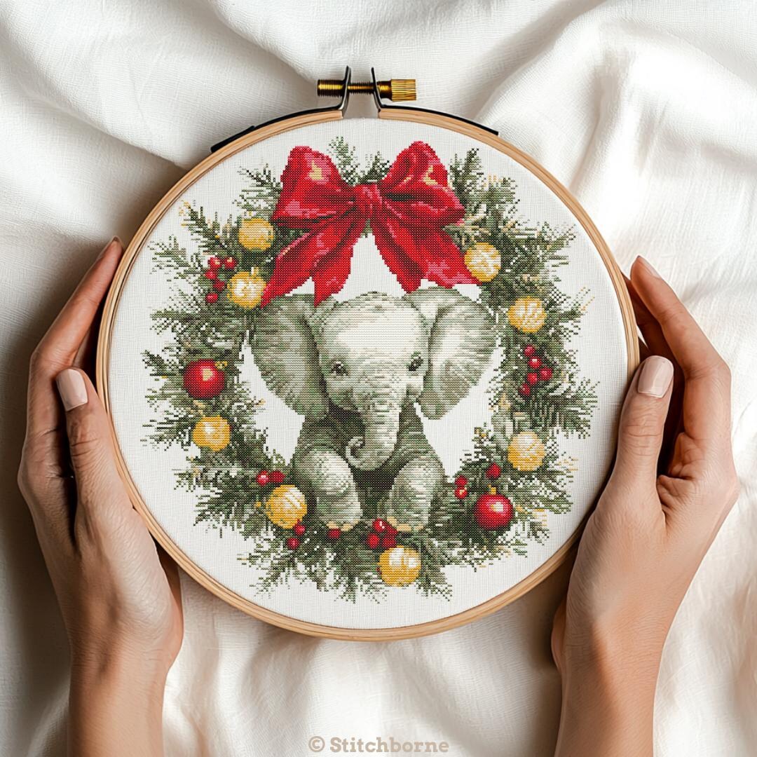 Elephant in Christmas Wreath Cross Stitch Pattern PDF Digital Download ...