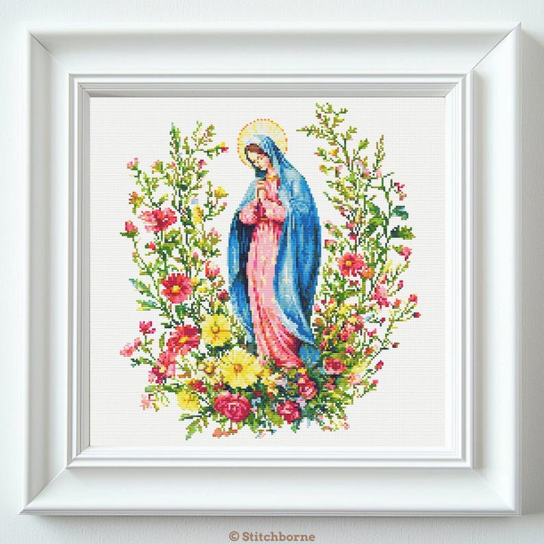 Virgin Mary and Wildflowers Cross Stitch Pattern PDF Download Printable ...