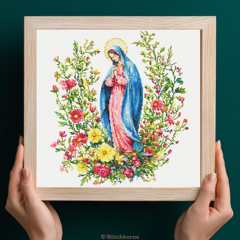 Virgin Mary and Wildflowers Cross Stitch Pattern PDF Download Printable ...