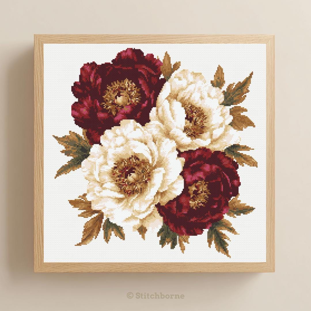 Burgundy and White Peonies Cross Stitch Pattern PDF Download Printable ...