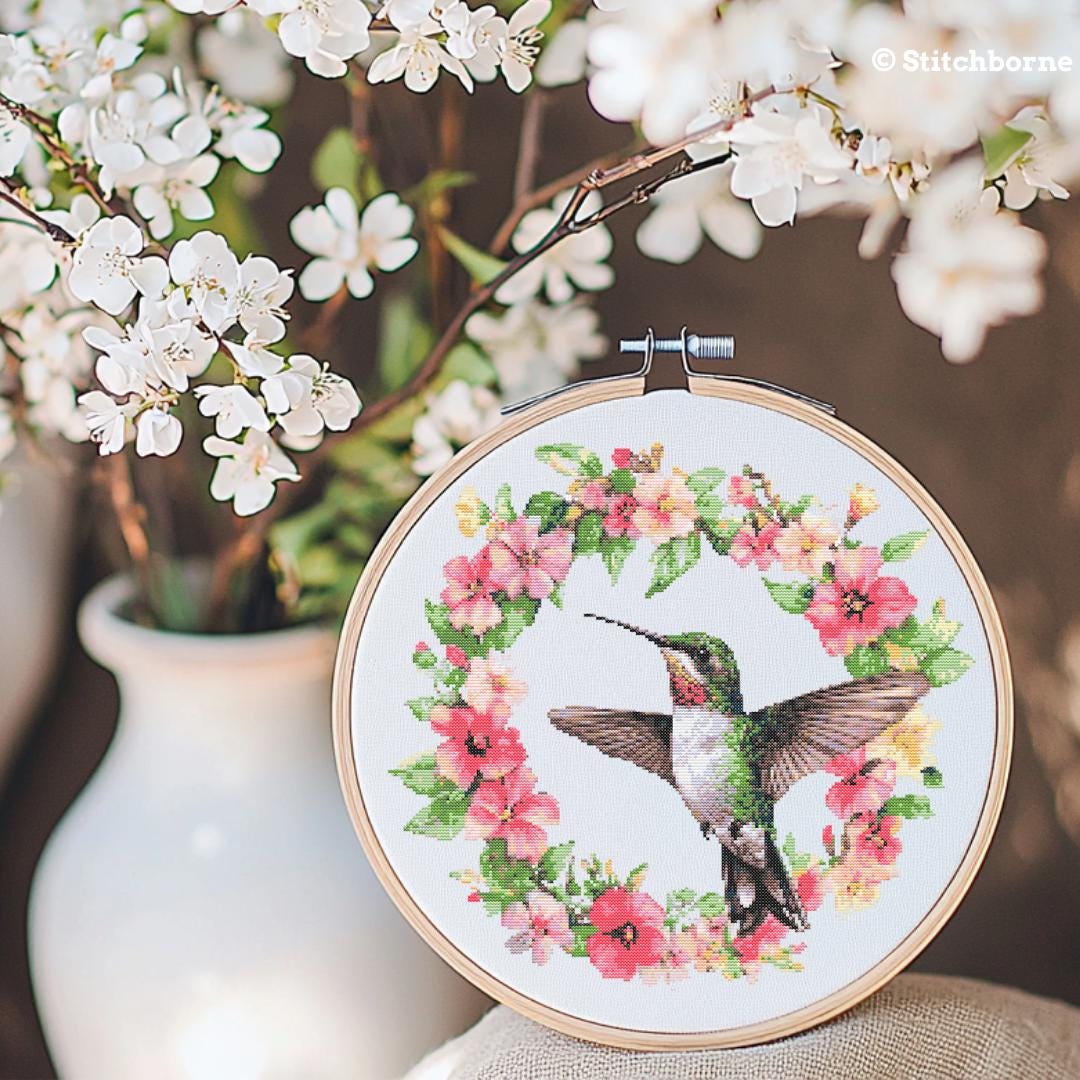Hummingbird in Wreath Cross Stitch Pattern PDF Download Printable ...