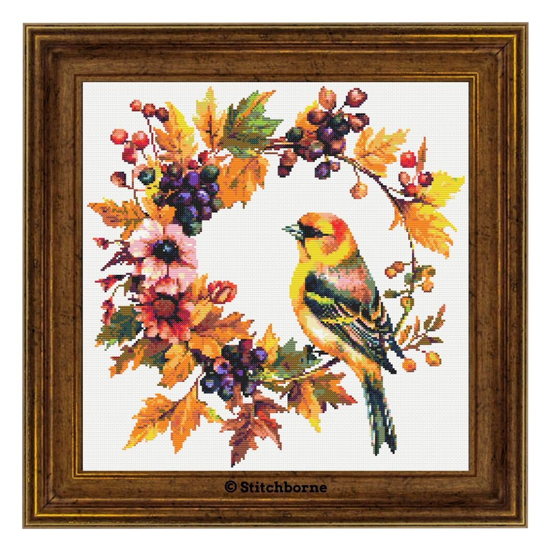 Goldfinch in Autumn Wreath Cross Stitch Pattern PDF Download Printable ...
