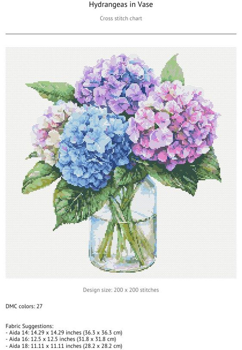 Hydrangeas in Vase Cross Stitch Pattern PDF Download Hydrangea Cross ...