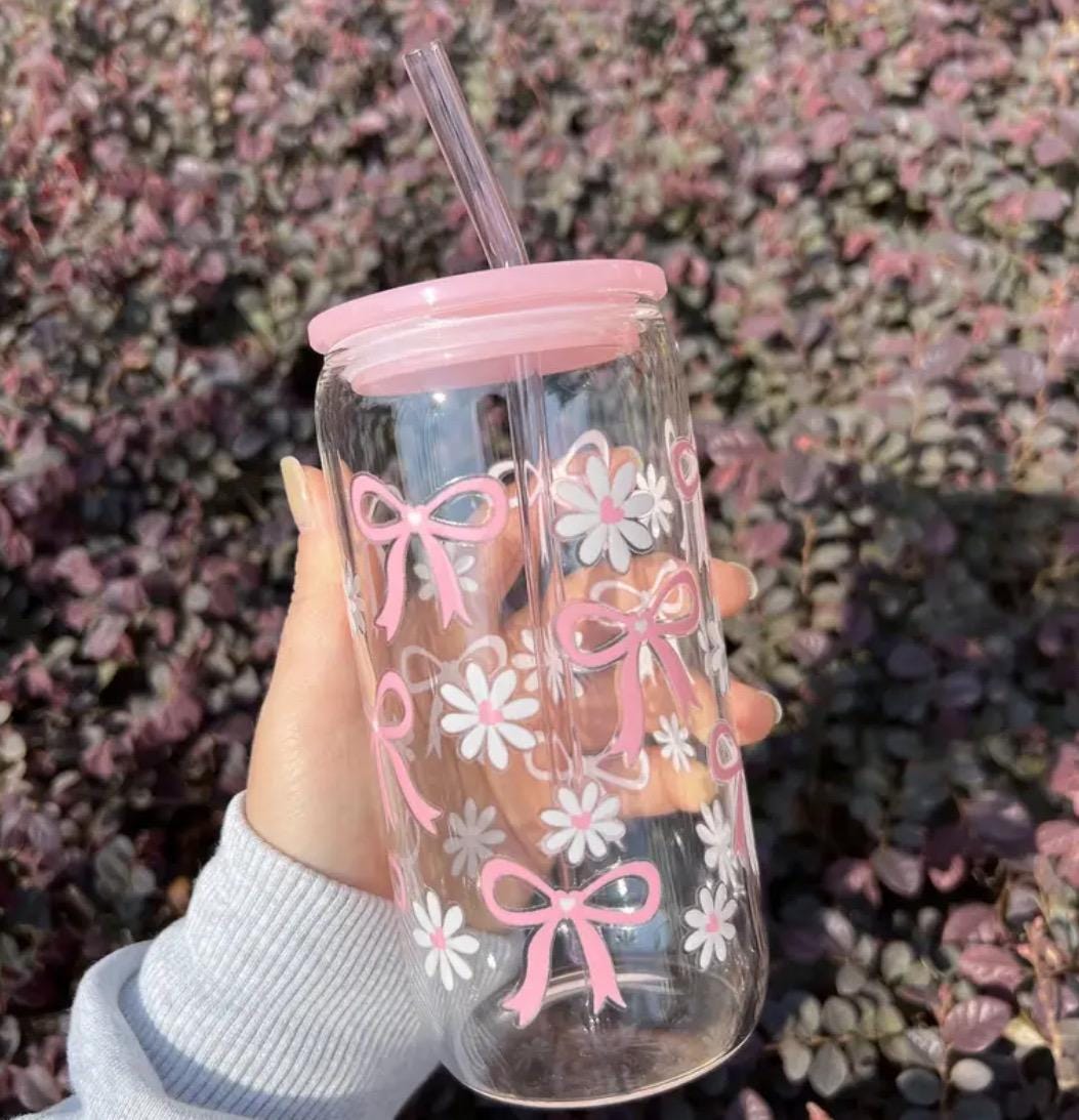 Pink Floral Bow Glass | Aesthetic Cup | 16oz Cup | Drinkware - Etsy