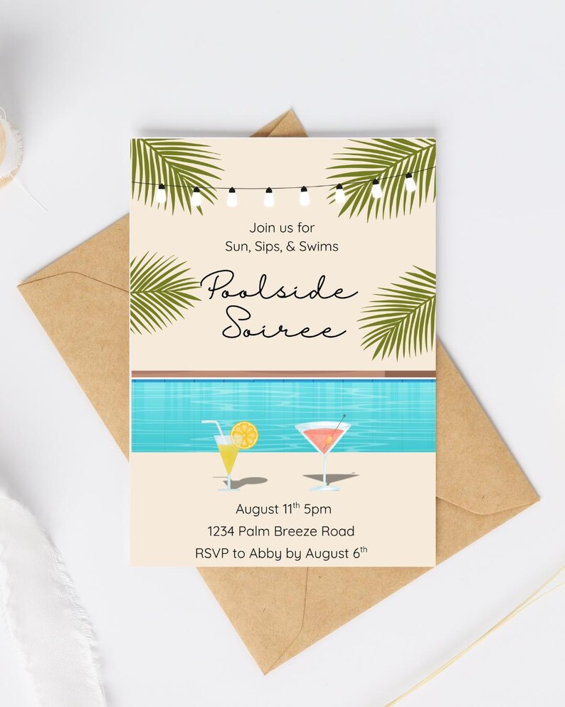 Poolside Soirée Invitation • Adult Pool Party Invite • Summer Cocktail Party • Editable Canva ...