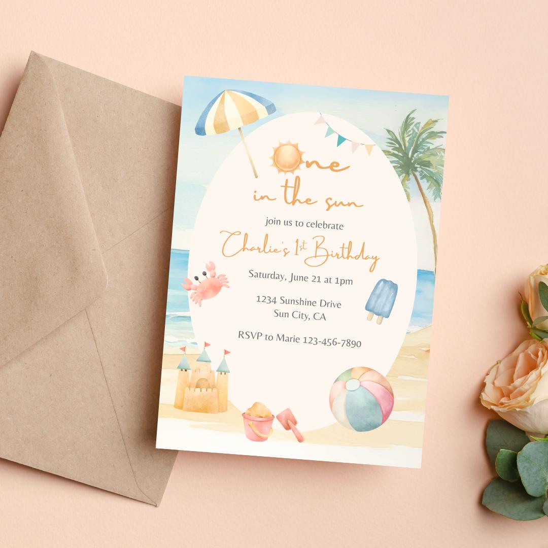 One in the Sun First Birthday Invitation | Beach Theme Invite | Summer ...