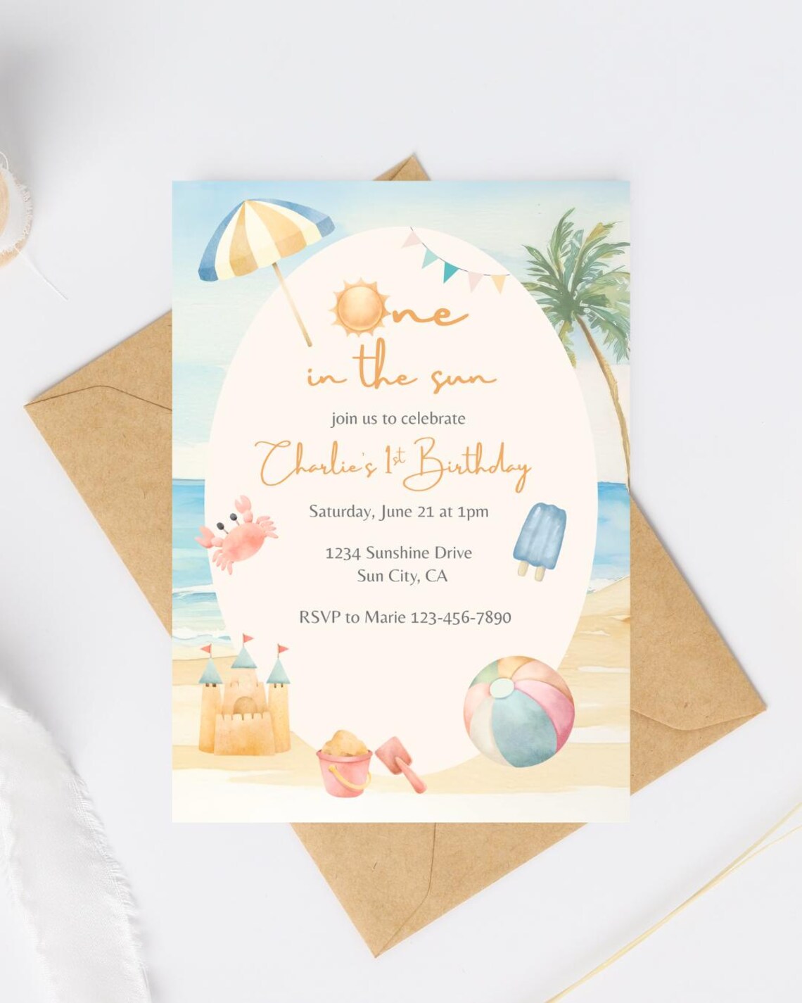 One in the Sun First Birthday Invitation | Beach Theme Invite | Summer ...