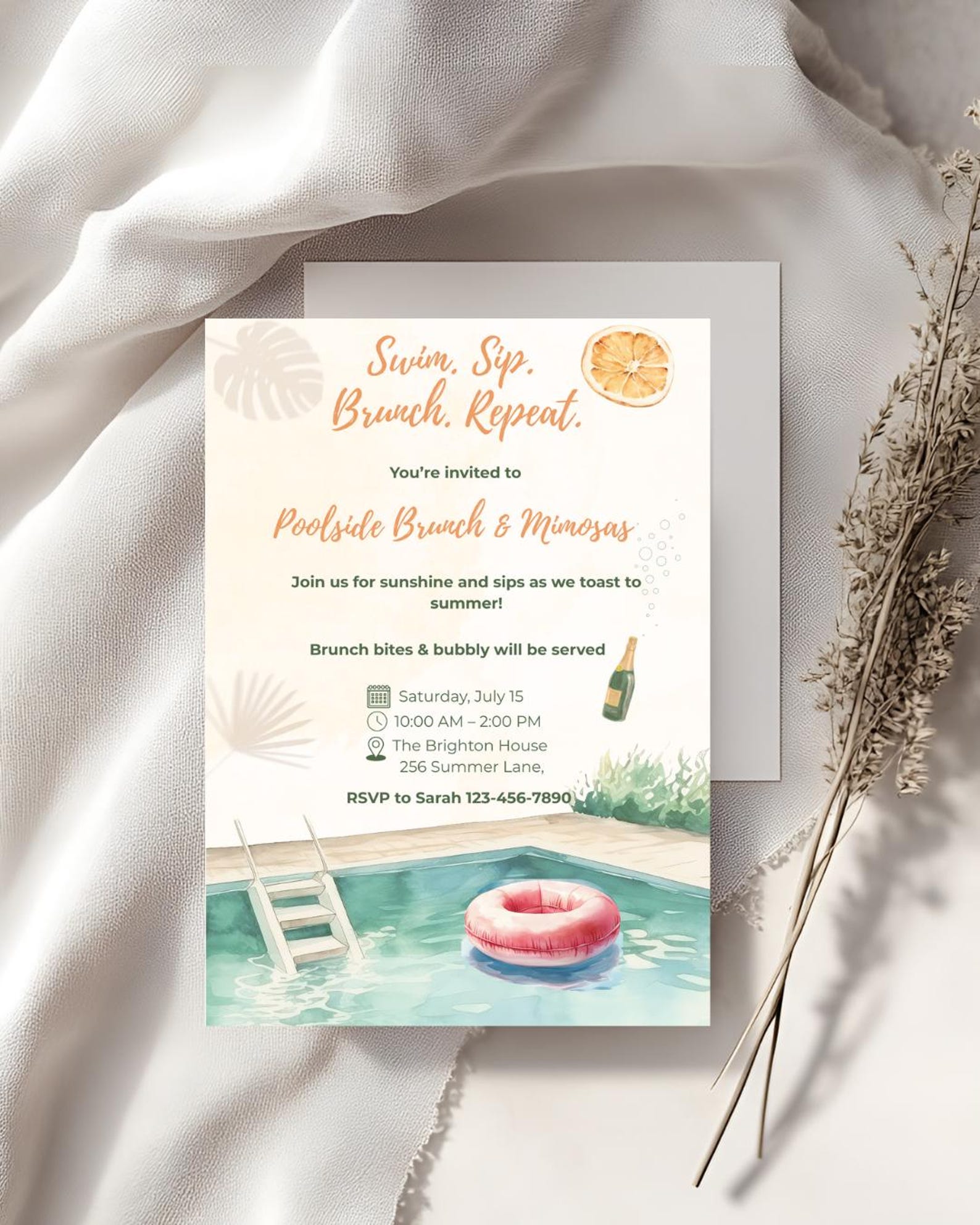Poolside Brunch & Mimosas Invitation | Sip and Swim Party Invite ...