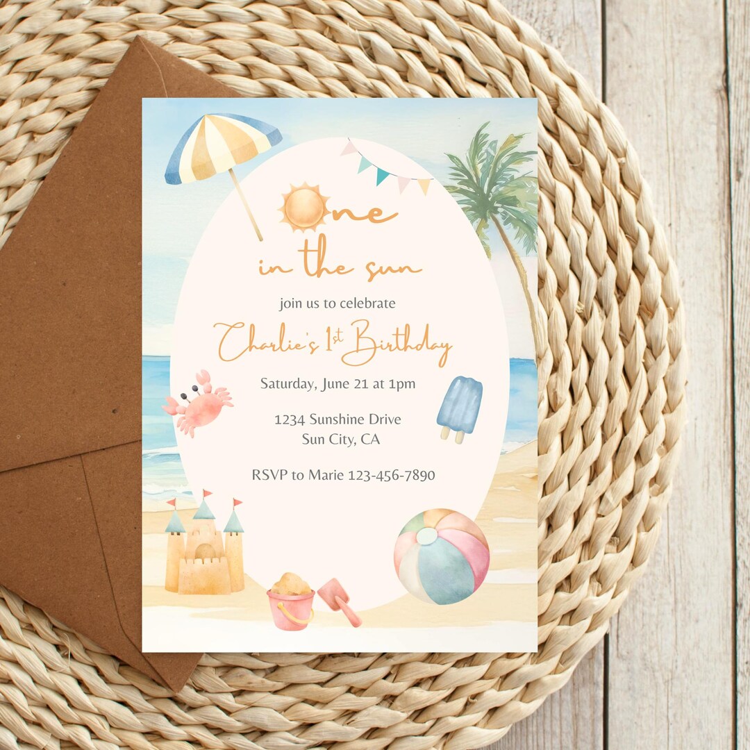 One in the Sun First Birthday Invitation | Beach Theme Invite | Summer ...