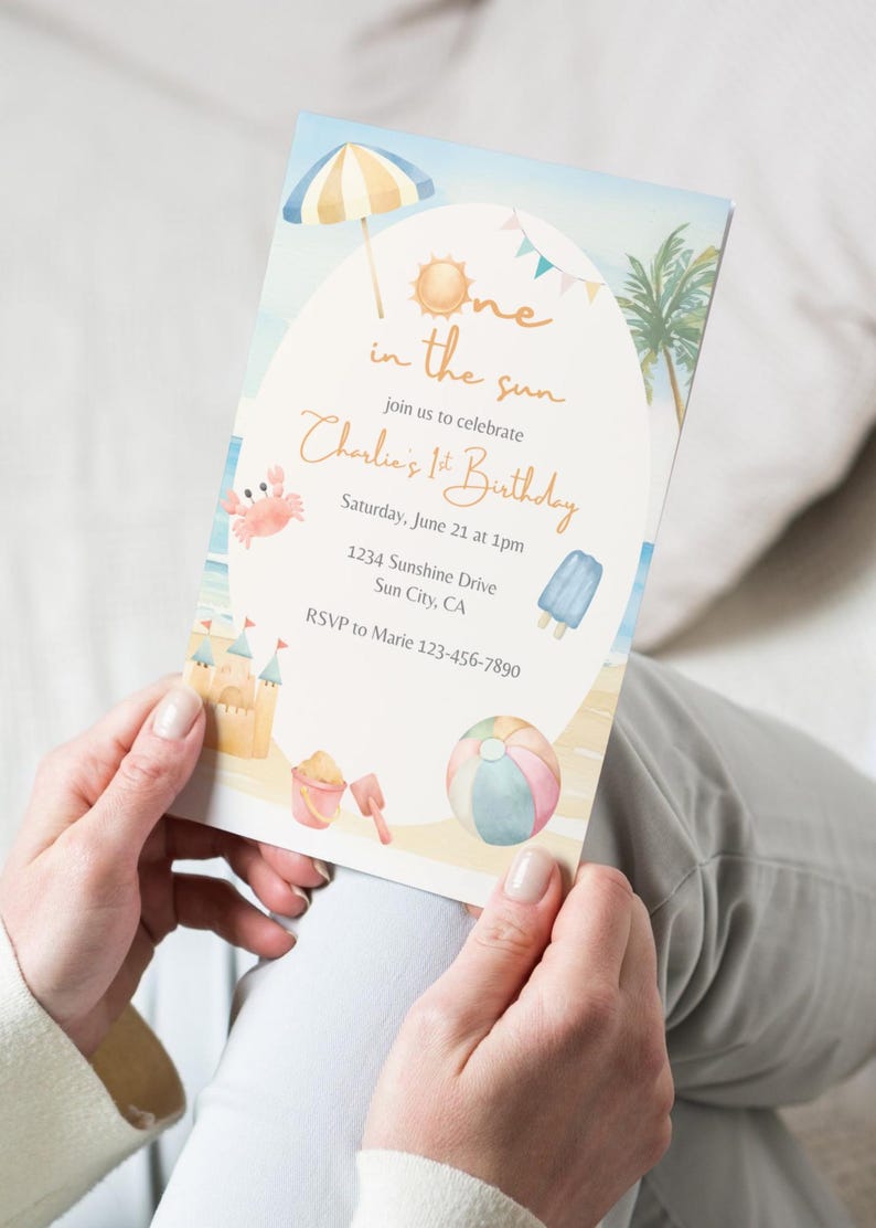 One in the Sun First Birthday Invitation | Beach Theme Invite | Summer ...