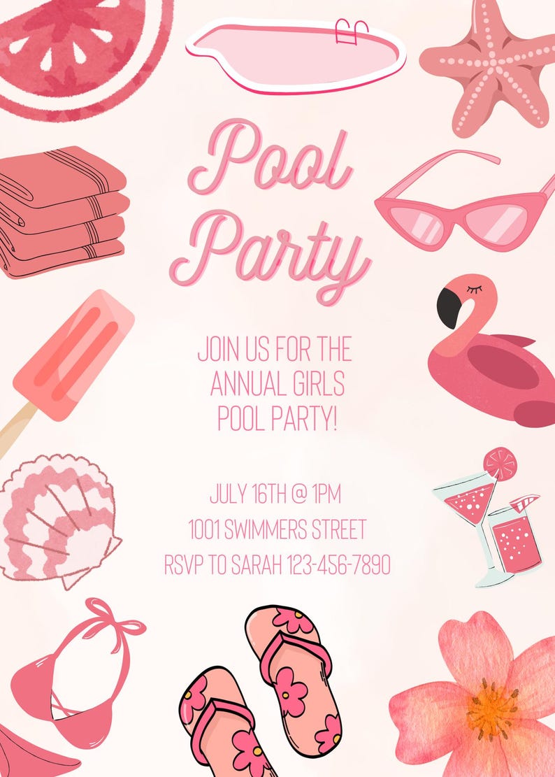 Pool Party Invitation, Digital Template, Summer Party, Girls Pool Party ...