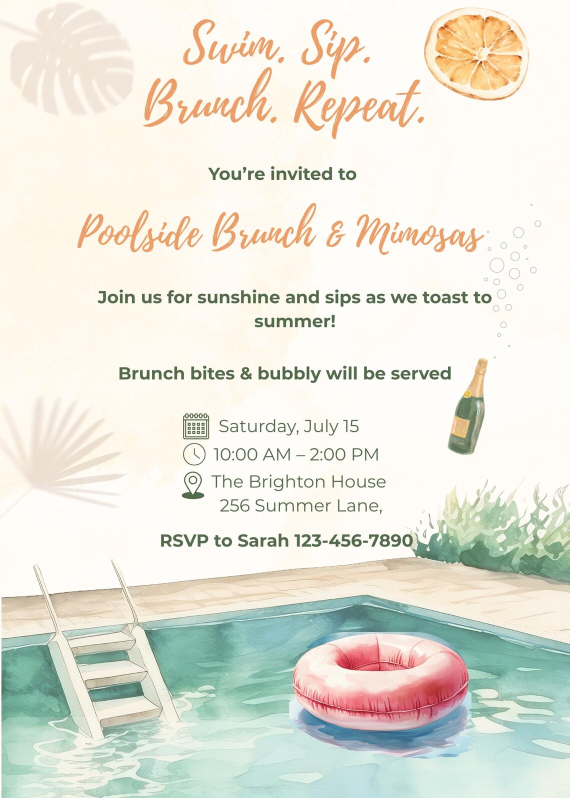 Poolside Brunch & Mimosas Invitation | Sip and Swim Party Invite ...