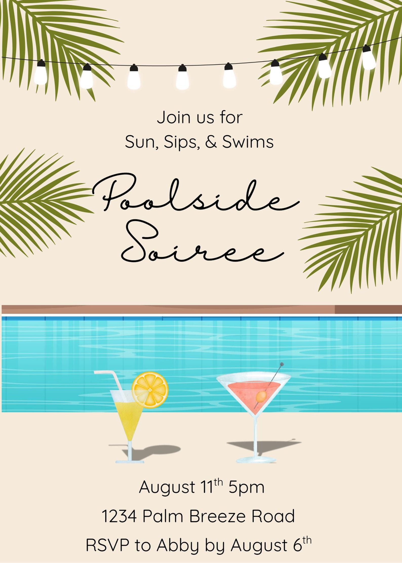 Poolside Soirée Invitation • Adult Pool Party Invite • Summer Cocktail ...