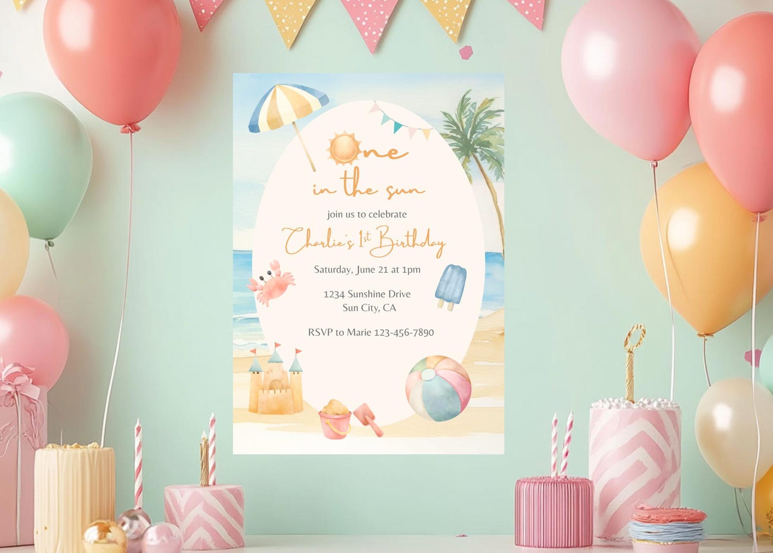 One in the Sun First Birthday Invitation | Beach Theme Invite | Summer ...
