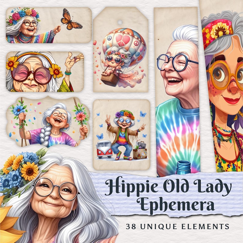 Hippie Old Lady Junk Journal Ephemera Kit, Funny Grandma Tags, Groovy ...