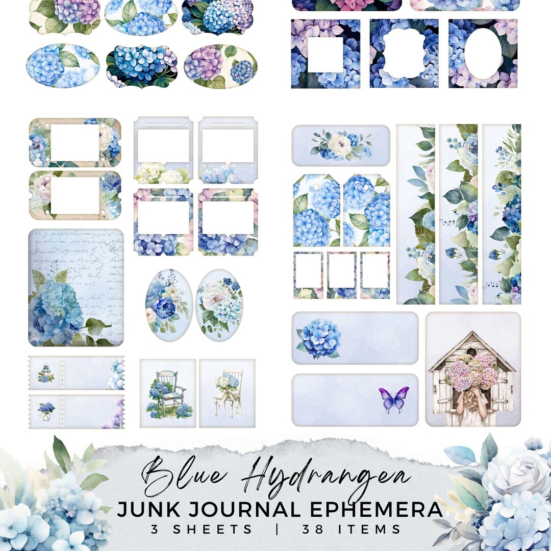 Blue Hydrangea Junk Journal Ephemera Kit, Watercolor Floral Scrapbook ...