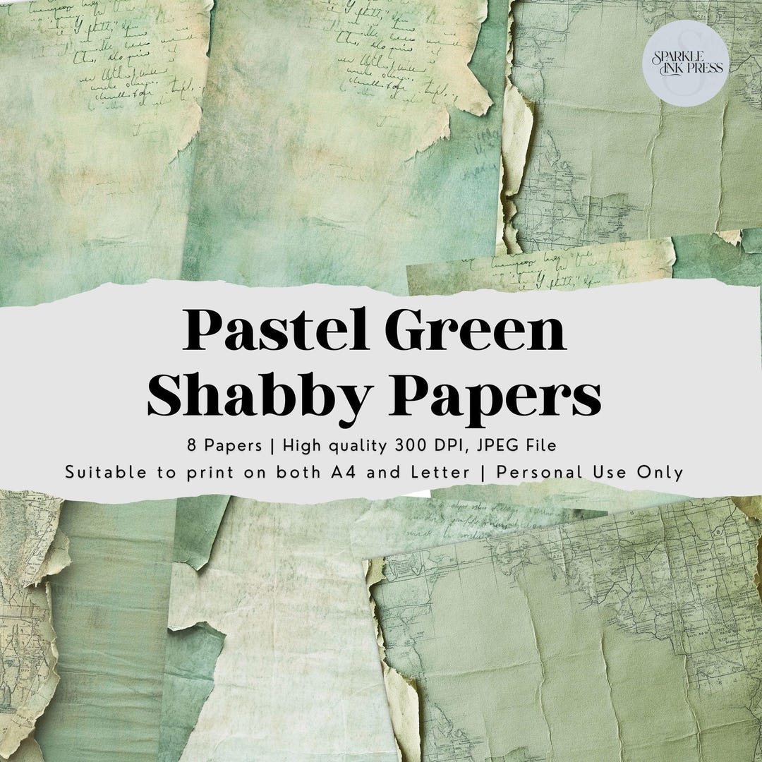 Sage Green Shabby Paper, Junk Journal Kit,torn Pastel Green Handwriting ...