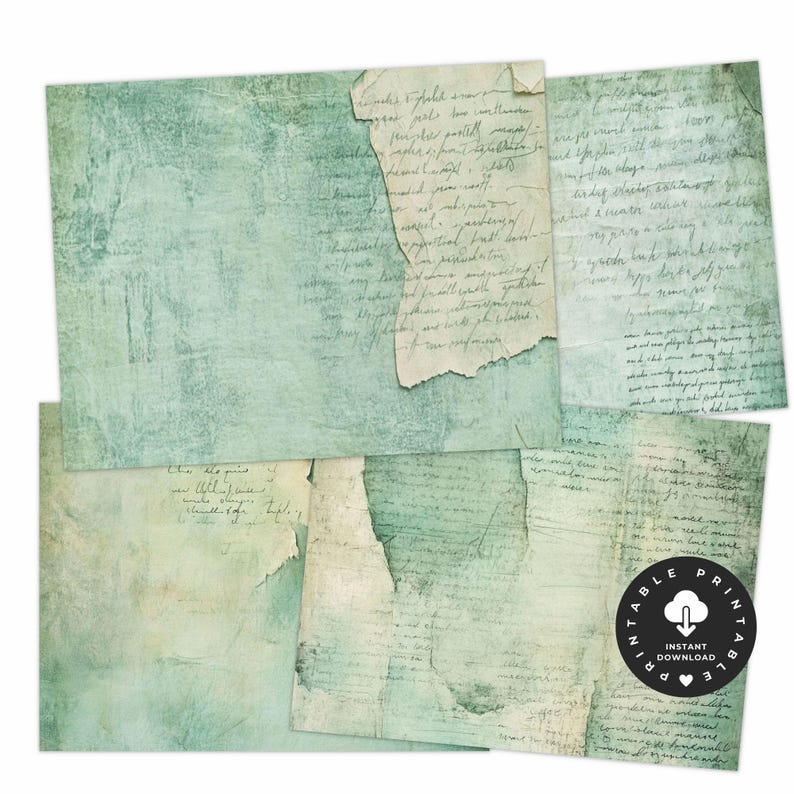 Sage Green Shabby Paper, Junk Journal Kit,torn Pastel Green Handwriting ...