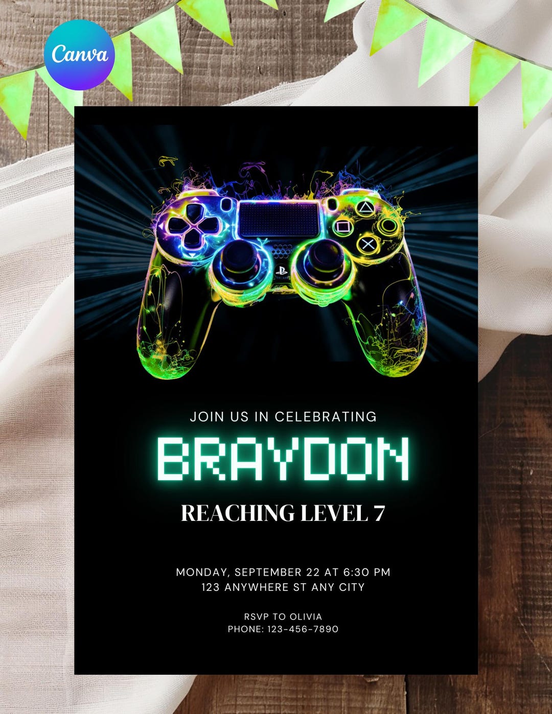 Gamer Birthday Invitation: Neon Video Game Controller Party (digital ...
