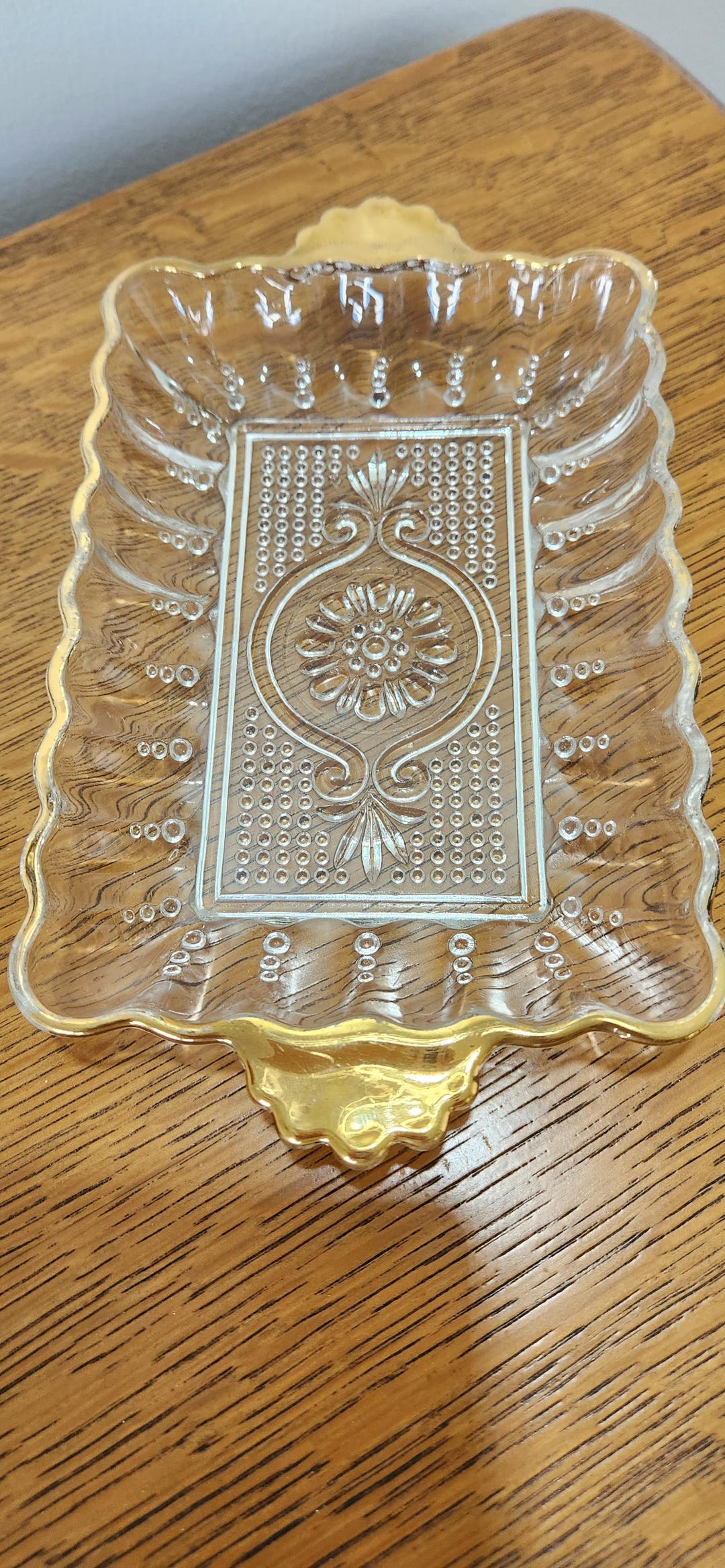 Vintage Clear Glass Rectangular Relish or Trinket Tray With Gold Trim ...