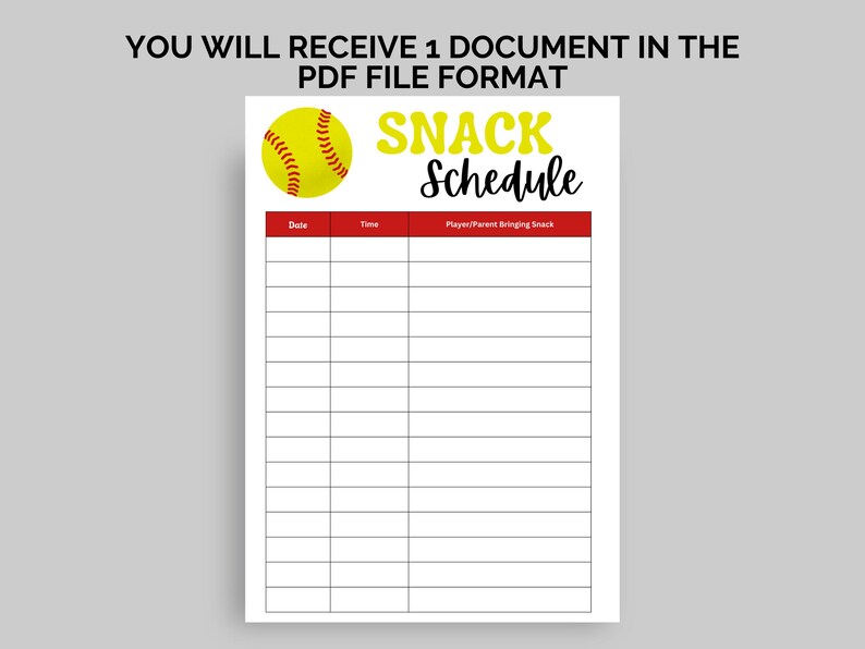 Softball Snack Schedule 8.5x11, Youth Snack Schedule, Recreational ...