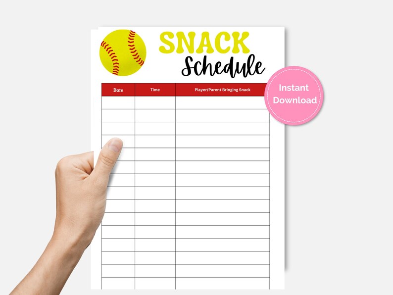 Softball Snack Schedule 8.5x11, Youth Snack Schedule, Recreational ...