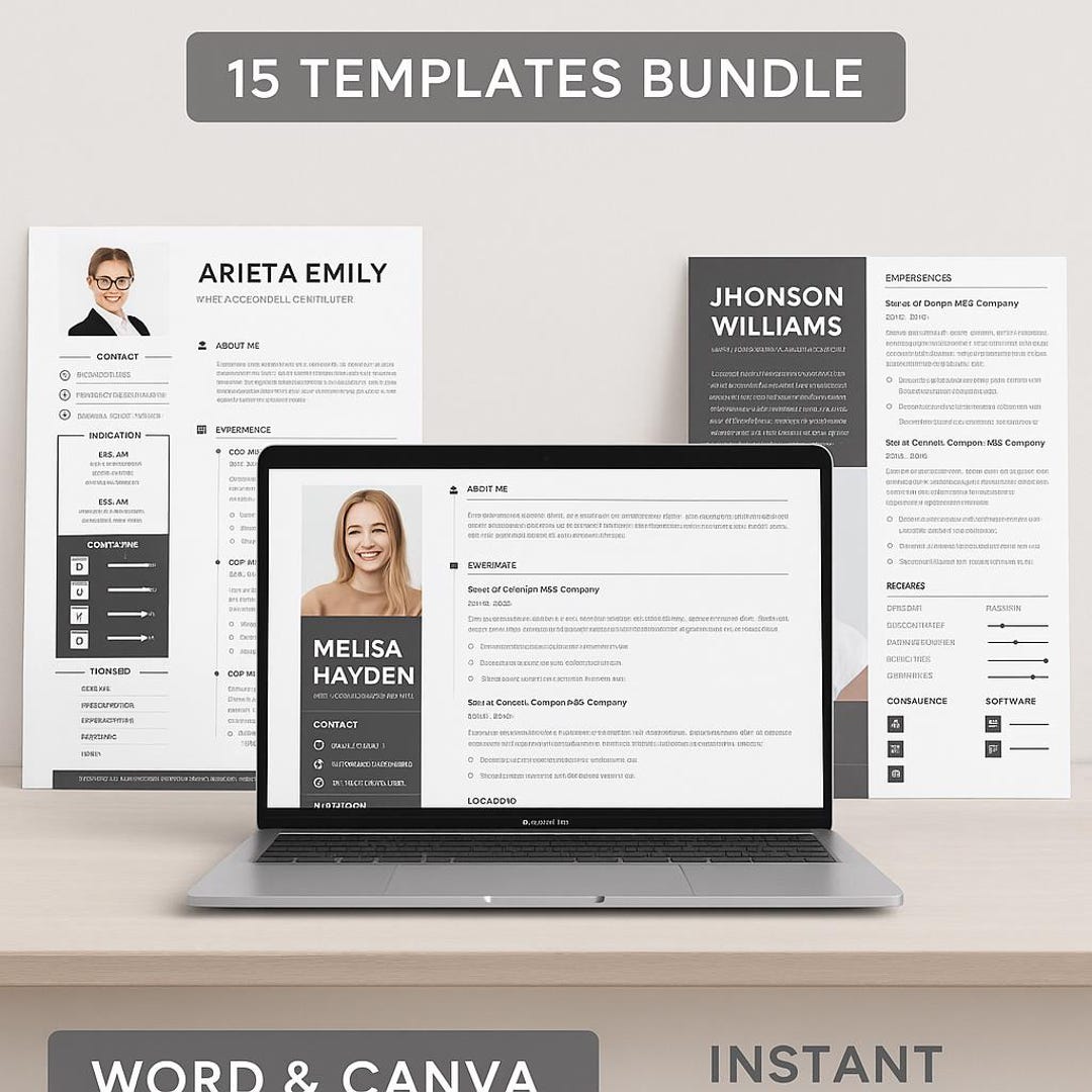 Resume Templates Bundle | 15 Modern CV Designs, Word & Canva (instant ...